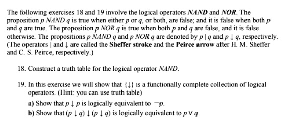 the following exercises 8 and 19 involve the logical operators nand and nor the proposition nand ...