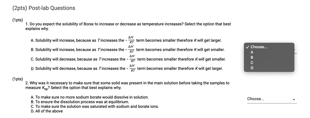 SOLVED: (2pts) Post-lab Questions (Tpts) Do you expect the solubility of Borax to increase or ...