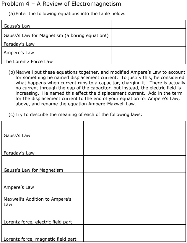 problem 4 a review of electromagnetism a enter the following equations ...