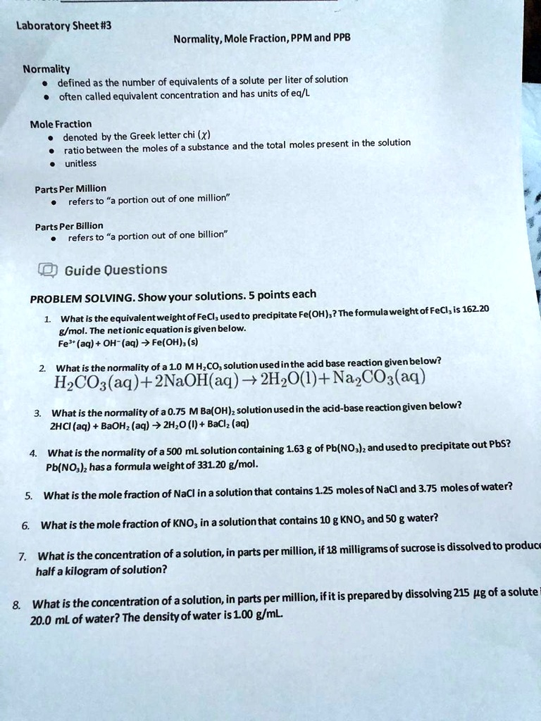 SOLVED: Laboratory Sheet #3 Normality, Mole Fraction, PPM and PPB ...