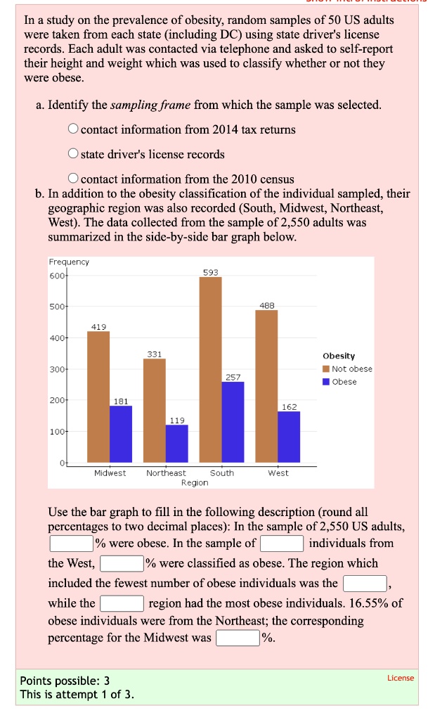SOLVED: In a study on the prevalence of obesity, random samples of 50 ...