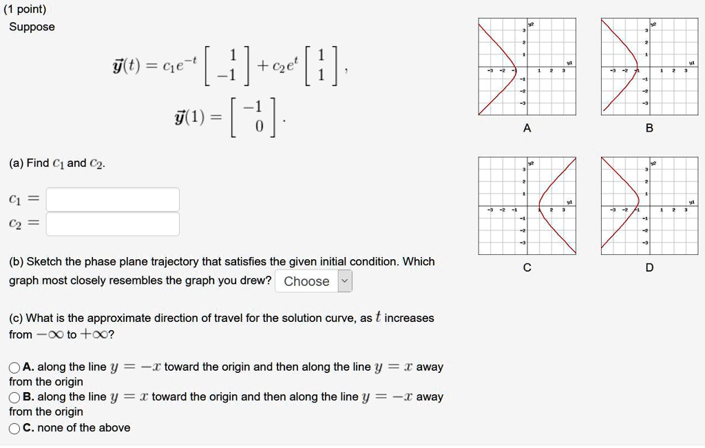 SOLVED:point) Suppose 9(t) = ce-t [4] +c2e' [4], 96) = [~8]; (a) Find ...