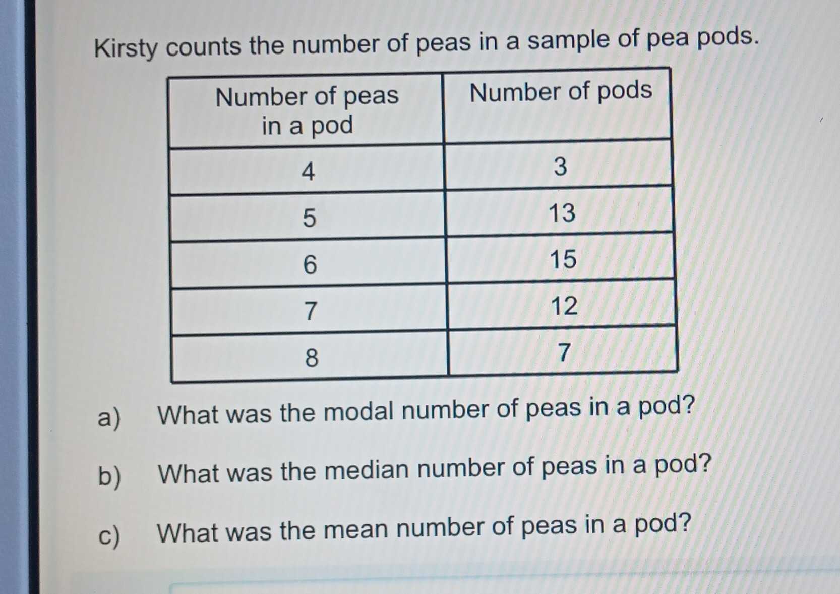 Kirsty counts the number of peas in a sample of pea pods. Number of ...
