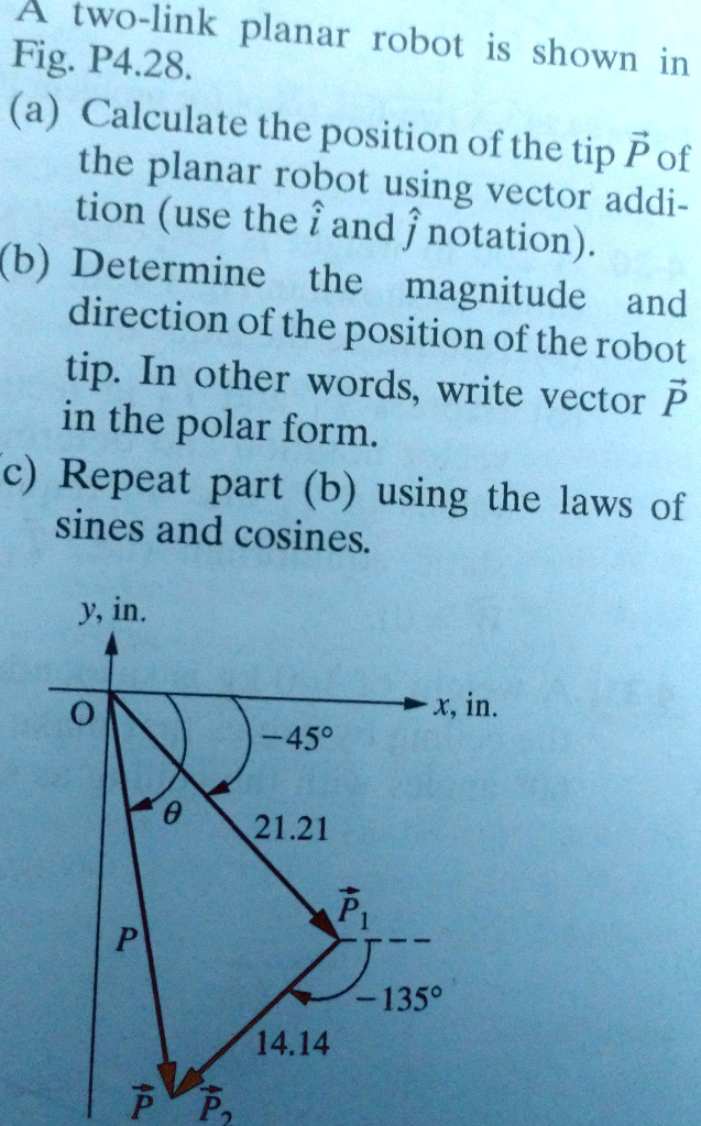 A two-link planar robot is shown in Fig. P4.28. (a) Calculate the position of the tip P⃗ of the ...