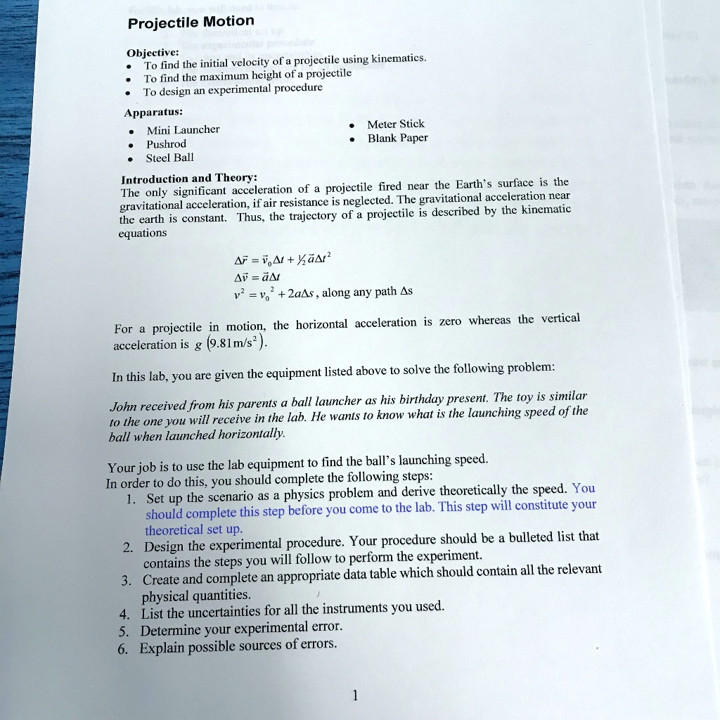 SOLVED: Projectile Motion Objective: To find the initial velocity of a ...