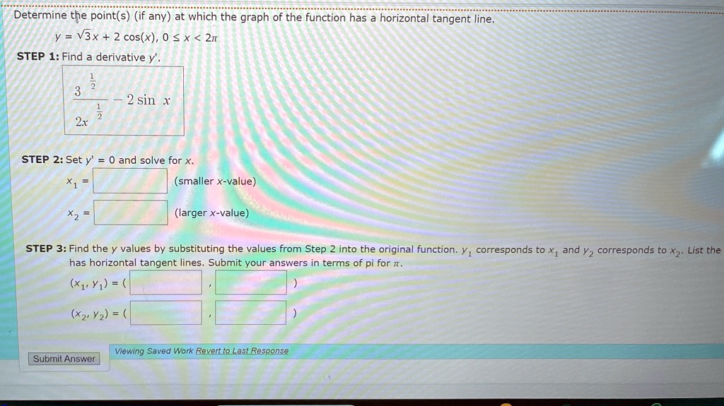 SOLVED: Determine the point(s) (if any) at which the graph of the function has a horizontal ...