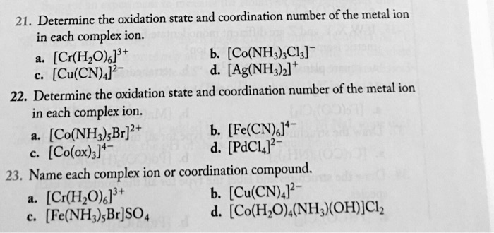 SOLVED: 21. Determine the oxidation state and coordination number of the metal ion in each ...