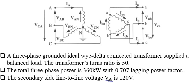 A three-phase grounded ideal wye-delta connected transformer supplied a ...