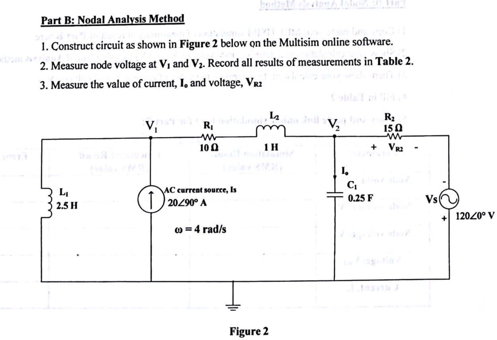 Part B: Nodal Analysis Method 1. Construct circuit as shown in Figure 2 below on the Multisim ...