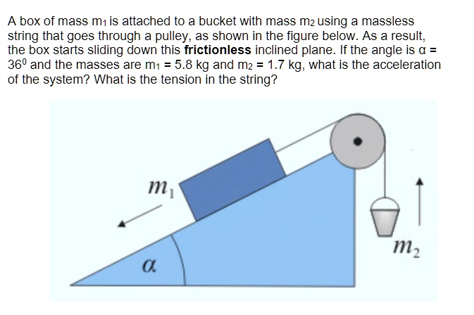 a box of mass m is attached to a bucket with mass m2 using a massless string that goes through a ...
