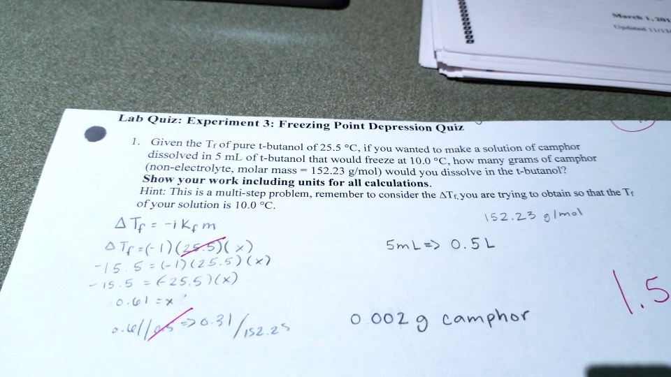 lab quiz experiment 3 freezing point depression quiz given the tr of pure butanol of 255 cifyou ...