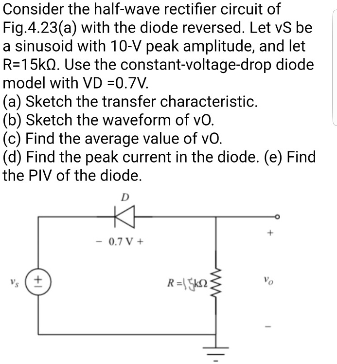 SOLVED: Consider the half-wave rectifier circuit of Fig. 4.23(a) with the diode reversed. Let vS ...