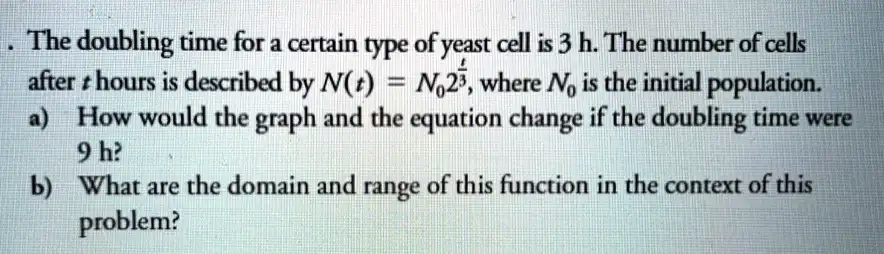 SOLVED: The doubling time for a certain type of yeast cell is 3 hours ...