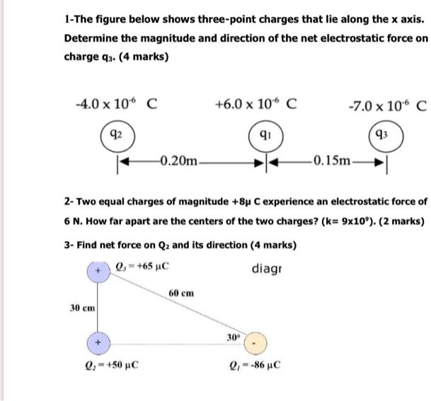 SOLVED: The figure below shows three point charges that lie along the x-axis. Determine the ...