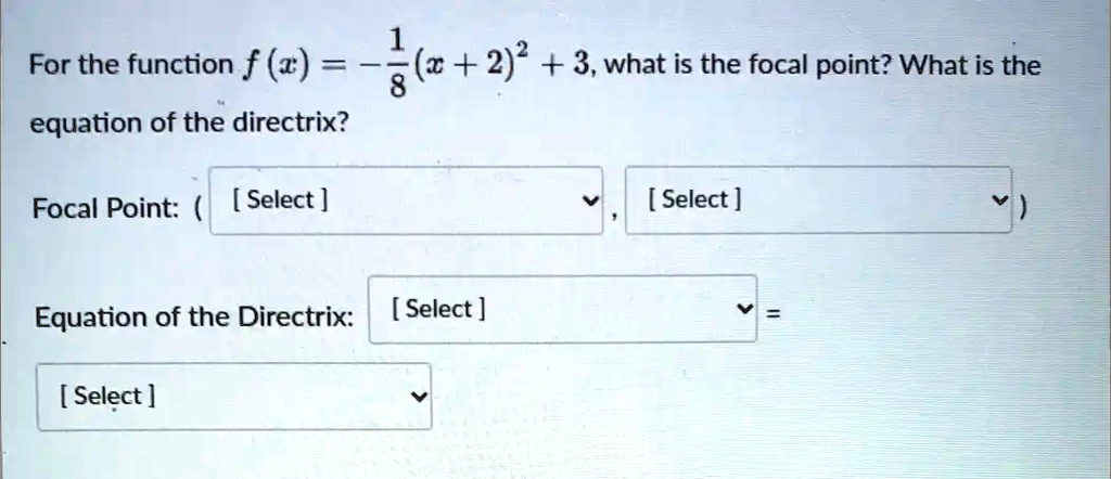 SOLVED: 1 For the function f (1) = (z +2)? + 3,what is the focal point ...