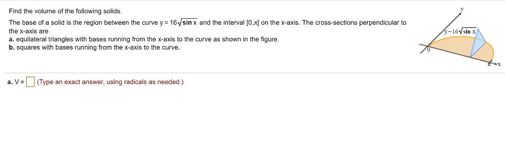 SOLVED: Find the volume the following solids. The base of solid the region between the curve y ...