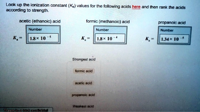 SOLVED: Look up the ionization constant (Ka) values for the following acids here and then rank ...