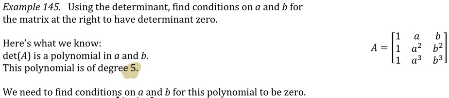 example 145 using the determinant find conditions on a and b for the matrix at the right to have ...