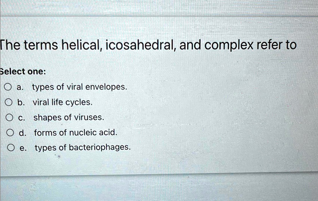 The terms helical, icosahedral, and complex refer to Select one: a ...