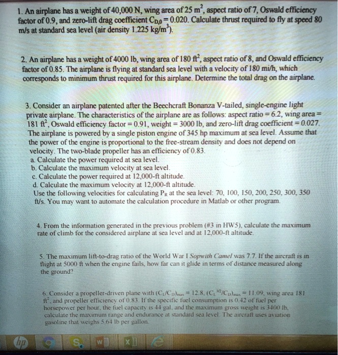 1an airplane has a weight of 40000 nwing area of 25 maspect ratio of ...