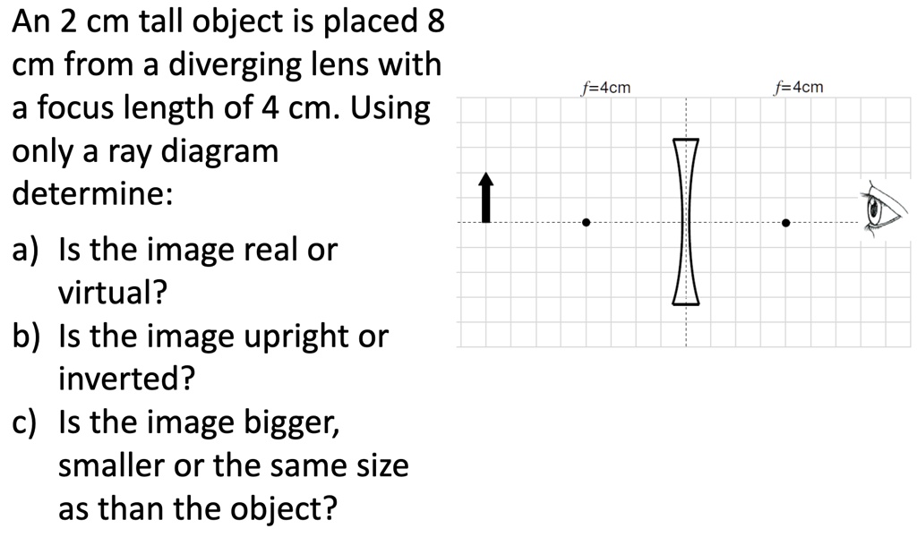SOLVED: A 2 cm tall object is placed 8 cm from a diverging lens with a ...