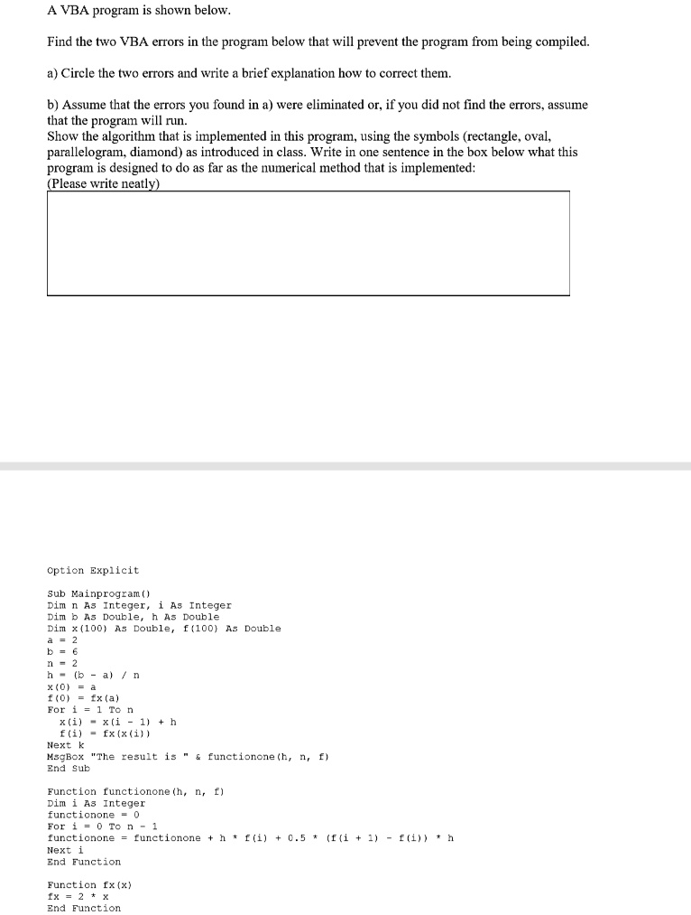 SOLVED: Option Explicit Sub Mainprogram() Dim n As Integer, i As Integer Dim b As Double, h As ...