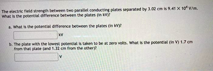 The electric field strength between two parallel conducting plates ...