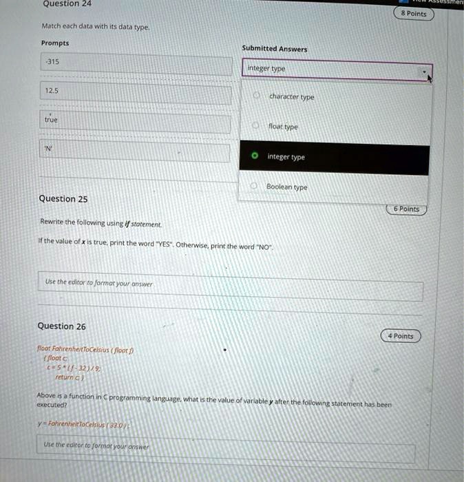 SOLVED: Question 24 Match each data with its data type Prompts ...