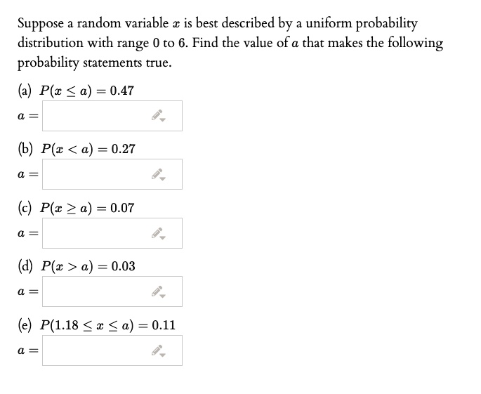 SOLVED: Suppose random variable € is best described by a uniform probability distribution with ...