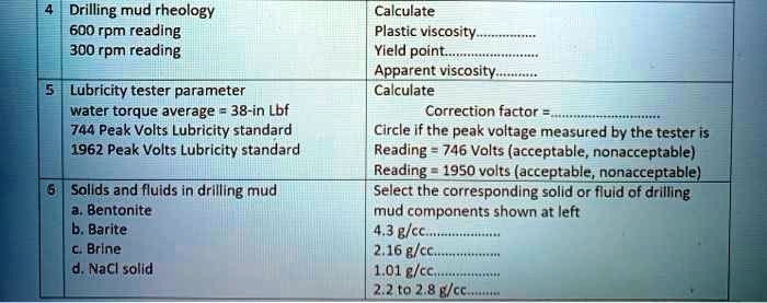 SOLVED: Drilling mud rheology: 600 rpm reading, 300 rpm reading ...