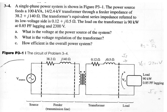 SOLVED: A single-phase power system shown in Figure P31. The power source feeds 100 KVA, 14/2.4 ...