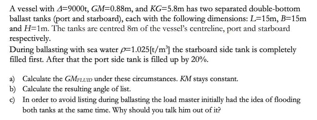 SOLVED: A vessel with A=9000t, GM=0.88m, and KG=5.8m has two separated ...