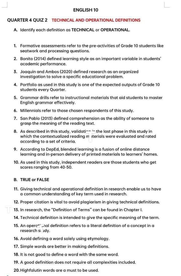 ENGLISH 10 QUARTER 4 QUIZ 2 TECHNICAL AND OPERATIONAL DEFINITIONS A ...