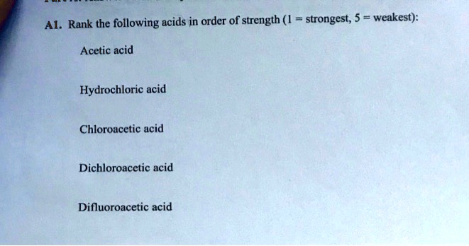 SOLVED:AI. Rank the following acids in order of strength ( [ strongest ...