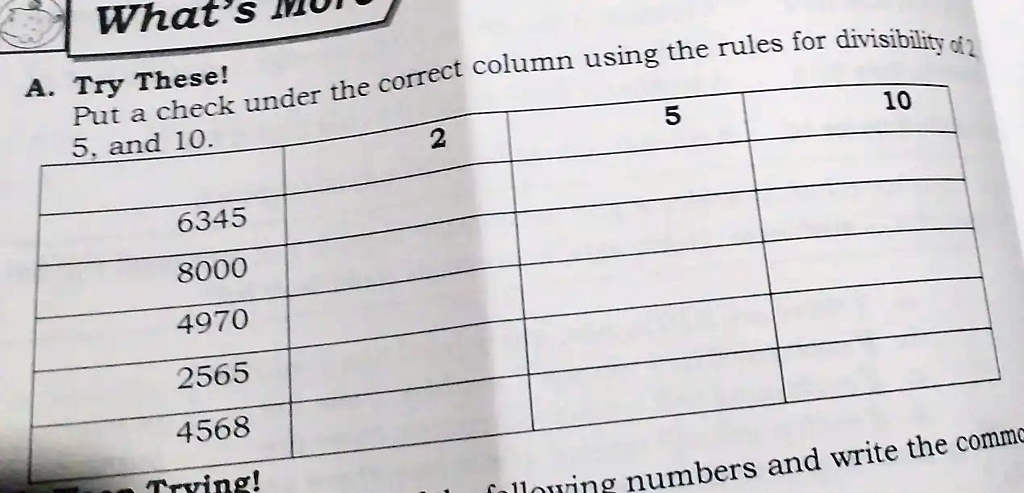 What's A. Try These! Put a check under the correct column using the rules for divisibility of 2 ...