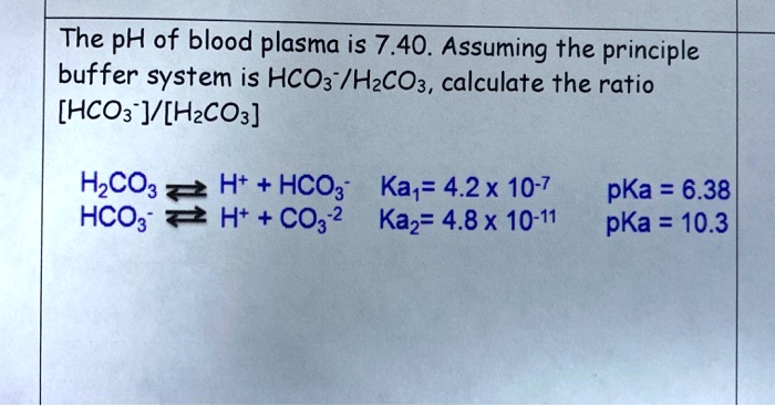 SOLVED: The pH of blood plasma is 7.40. Assuming the principle buffer ...