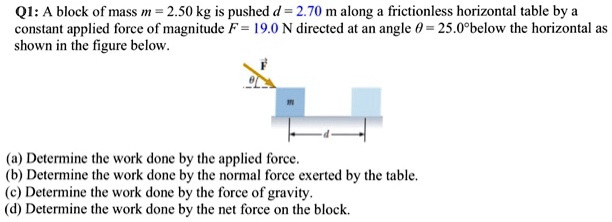 SOLVED: QI: block of mass 2.50 kg is pushed d = 2.70 m along frictionless horizontal table by ...