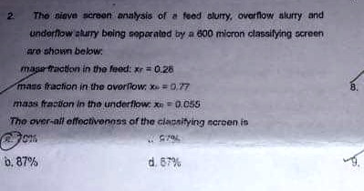 SOLVED: The sieve screen analysis of a feed slurry, overflow slurry ...