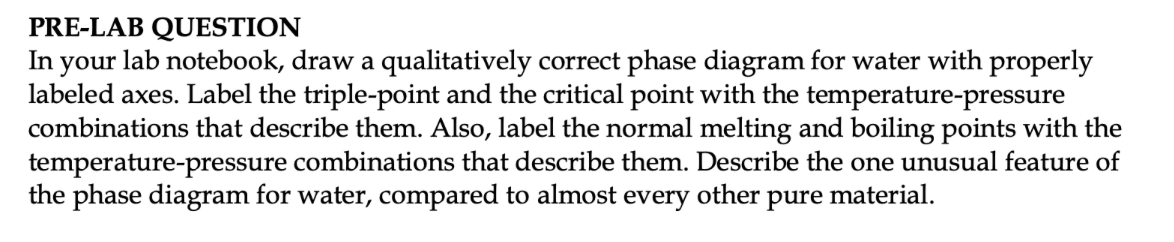 PRE-LAB QUESTION In your lab notebook, draw a qualitatively correct phase diagram for water with ...