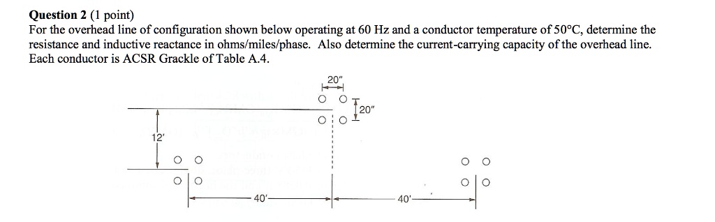 Question 2 (1 point) For the overhead line of configuration shown below operating at 60 Hz and a ...