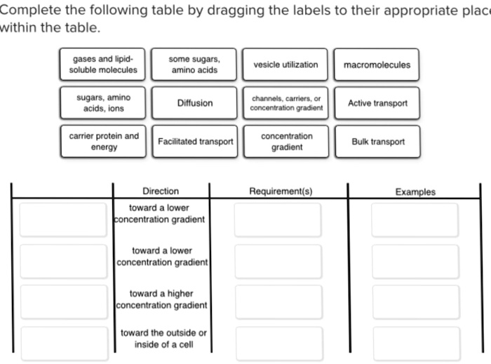 Complete the following table by dragging the labels to their ...