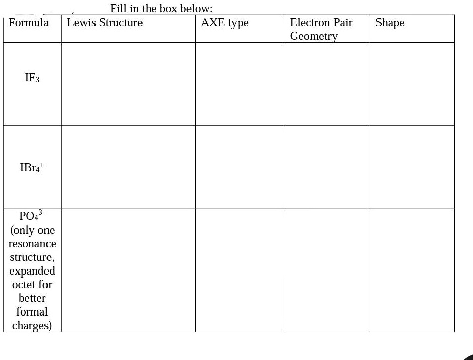 SOLVED: Fill in the box below: Lewis Structure AXE type Formula ...