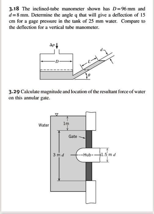 3.18 The inclined-tube manometer shown has D = 96 mm and d = 8 mm ...