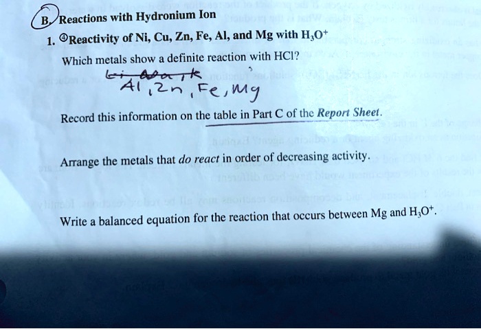 SOLVED: Reactions with Hydronium Ion 1. Reactivity of Ni, Cu, Zn, Fe ...