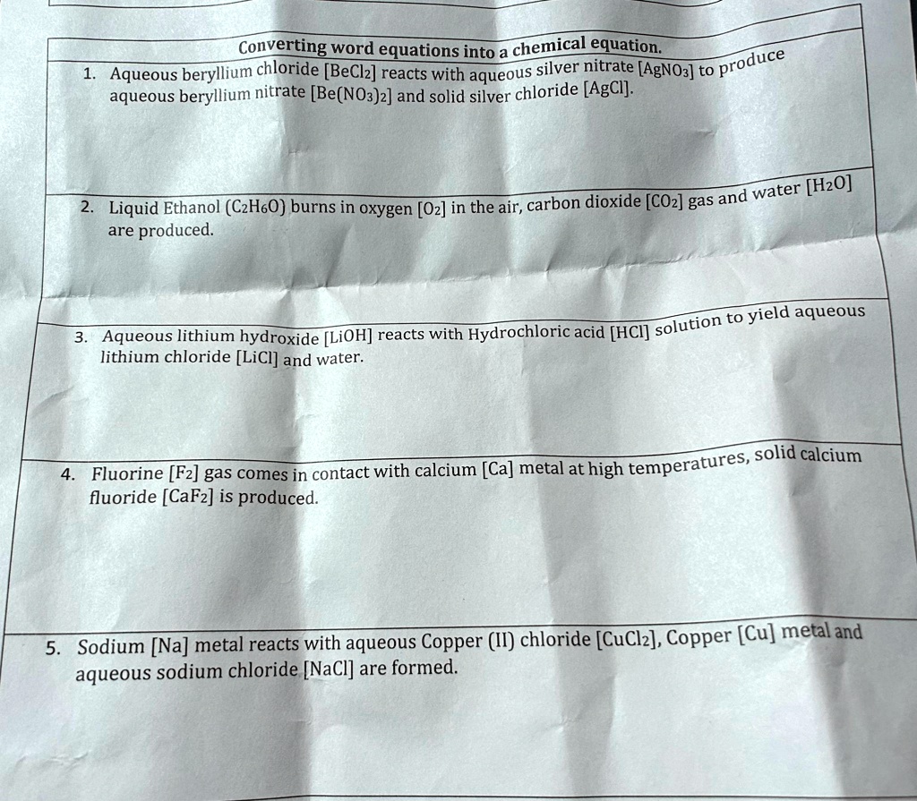 Converting word equations into a chemical equation. 1. Aqueous beryllium chloride [BeCl2] reacts ...