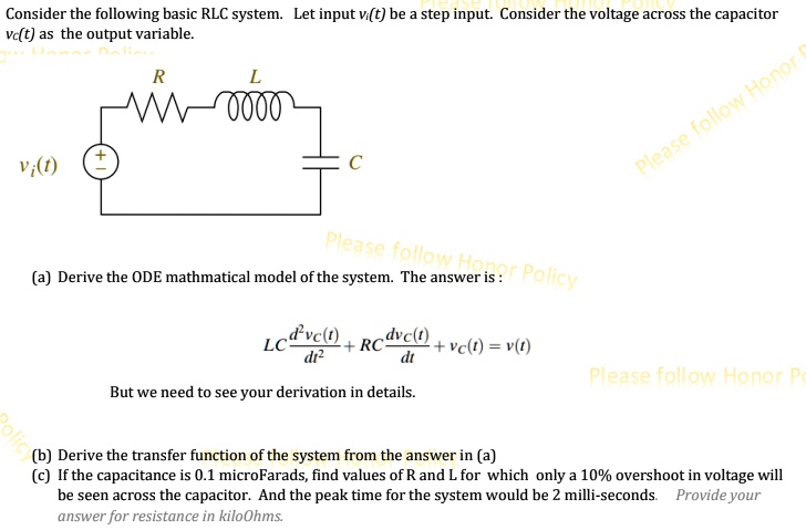 SOLVED: Consider the following basic RLC system. Let input V(t) be a step input. Consider the ...