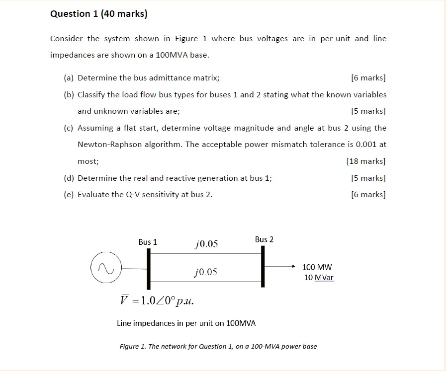 SOLVED: Question 1 (40 marks) Consider the system shown in Figure 1, where bus voltages are in ...