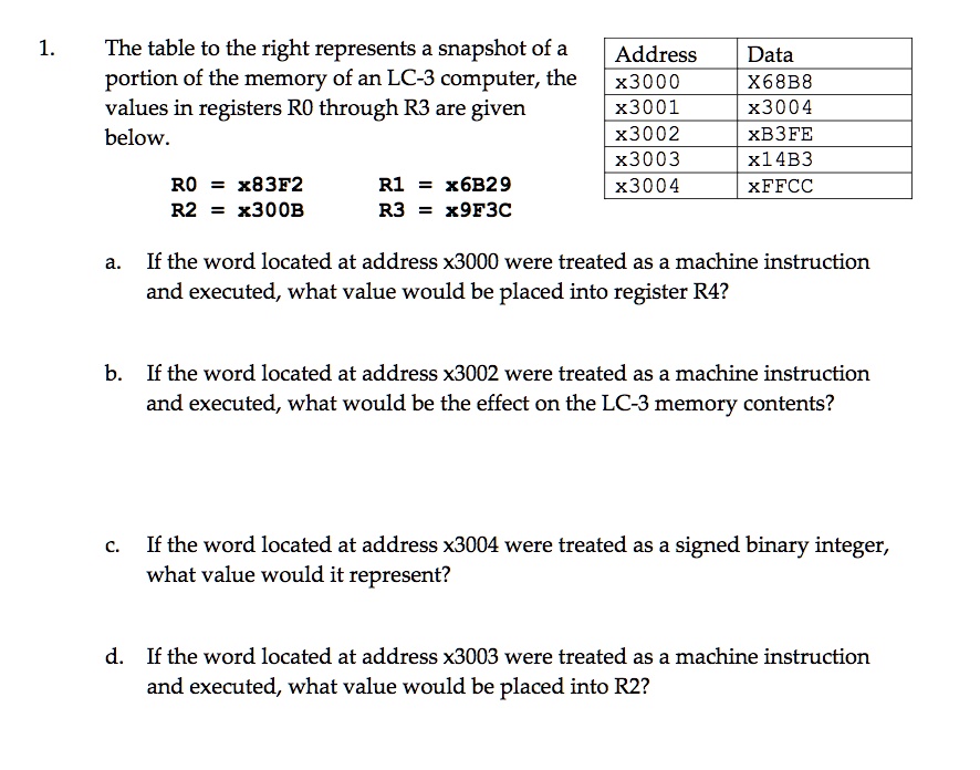 1. The table to the right represents a snapshot of a portion of the memory of an LC-3 computer ...