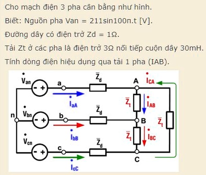 Cho m?ch ?i?n 3 pha cân b?ng nh? hình. Bi?t: Ngu?n pha Van = 211sin100n.t [V]. ???ng dây có ?i?n ...