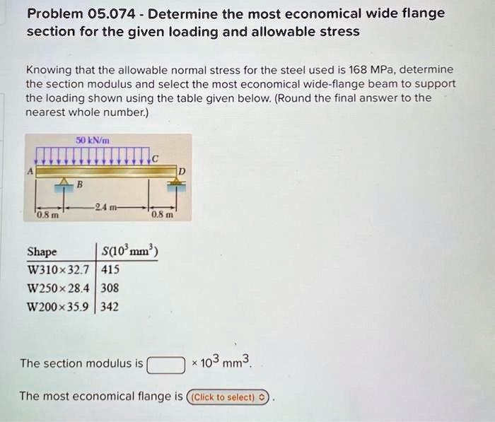 SOLVED: The section modulus is 103mm3 The most economical flange is ...